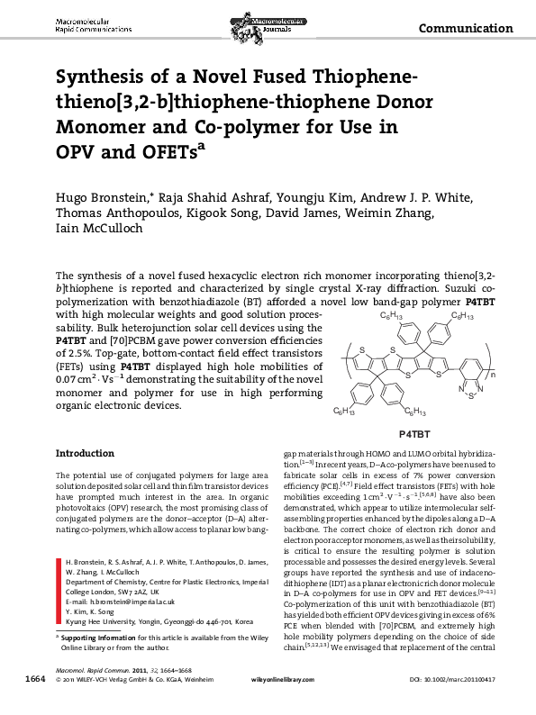 (PDF) Synthesis of a novel fused thiophene-thieno[3,2-b]thiophene ...