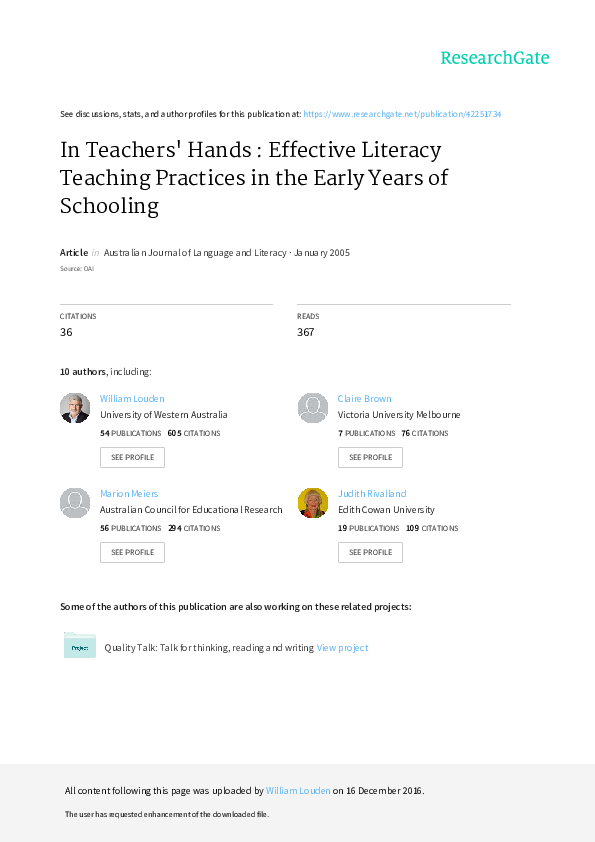 (PDF) In teachers' hands: Effective literacy teaching practices in the ...