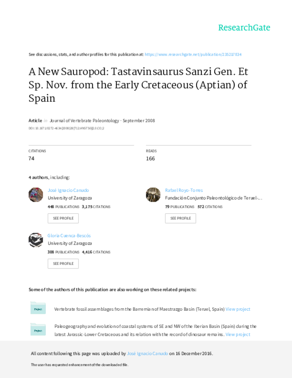 (PDF) A new sauropod: Tastavinsaurus sanzi gen. et sp. nov. from the ...