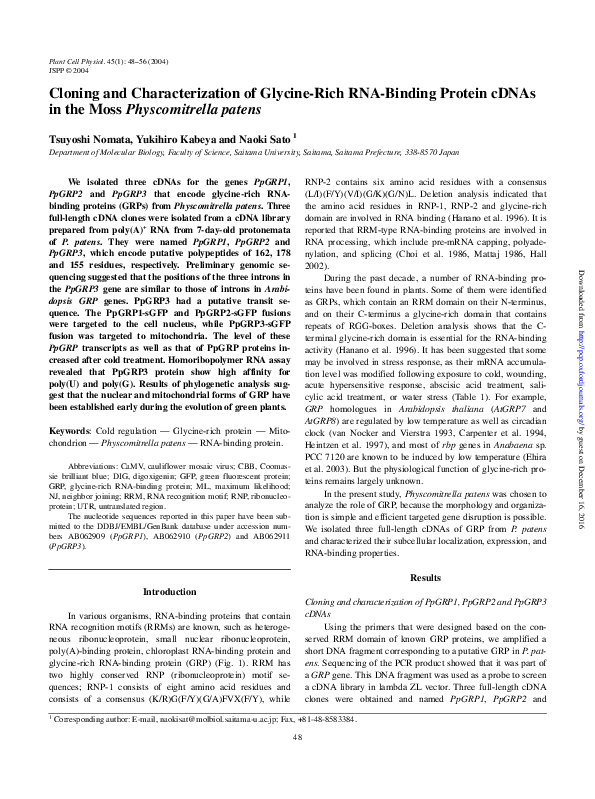 (PDF) Cloning and characterization of glycine-rich RNA-binding protein cDNAs in the moss ...