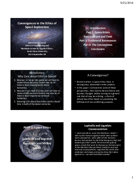 (PDF) Convergences in the Ethics of Space Exploration
