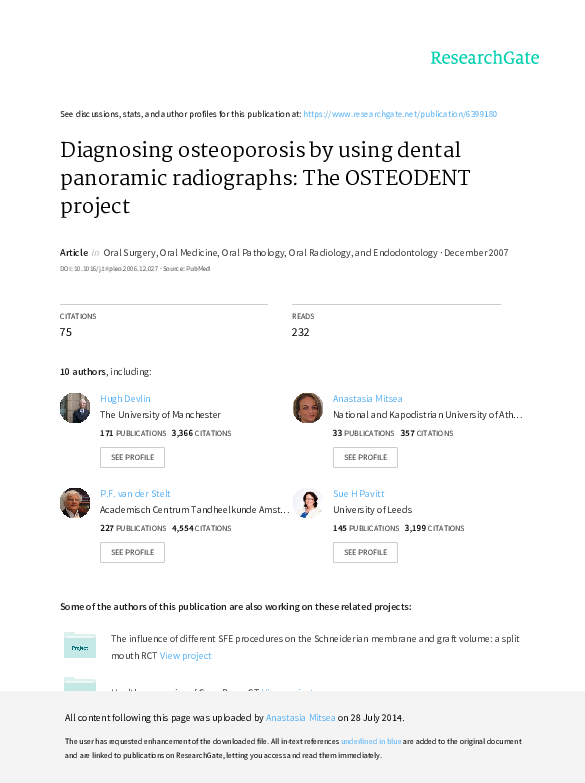 (PDF) Diagnosing osteoporosis by using dental panoramic radiographs: the OSTEODENT project