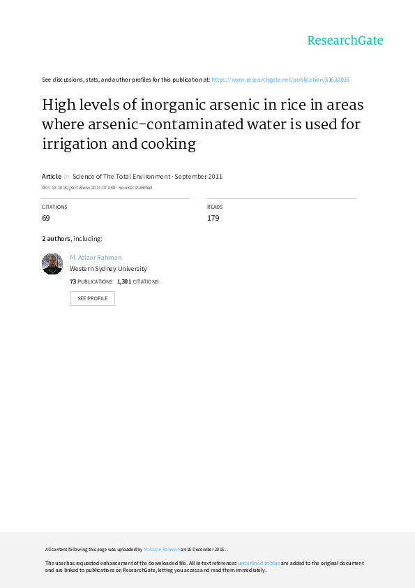 (PDF) High levels of inorganic arsenic in rice in areas where arsenic-contaminated water is used ...