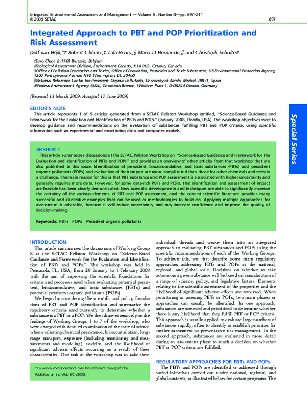 (PDF) Integrated Approach to PBT and POP Prioritization and Risk Assessment