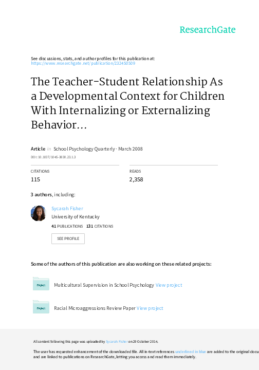 (PDF) The teacher-student relationship as a developmental context for children with ...