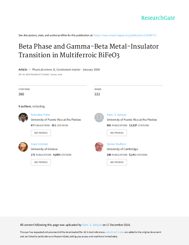 (PDF) β phase and γ-β metal-insulator transition in multiferroic BiFeO3