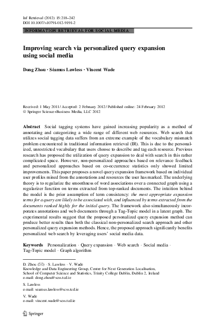 (PDF) Improving search via personalized query expansion using social media