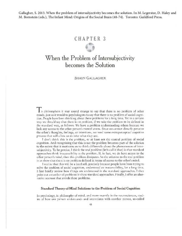 (PDF) Gallagher, S. 2013. When the problem of intersubjectivity becomes ...