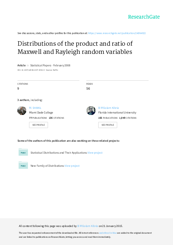 (PDF) Distributions of the product and ratio of Maxwell and Rayleigh random variables