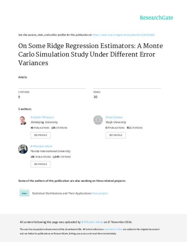 (PDF) On Some Ridge Regression Estimators : a Monte Carlo Simulation Study Under Different Error ...