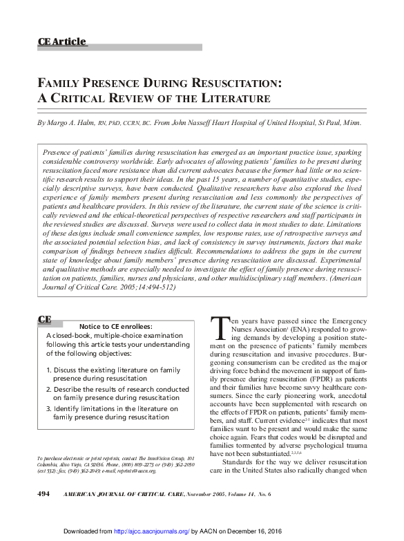 (PDF) Family presence during resuscitation: a critical review of the ...