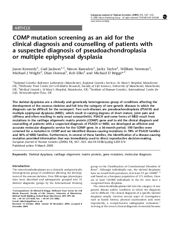 (PDF) COMP mutation screening as an aid for the clinical diagnosis and ...
