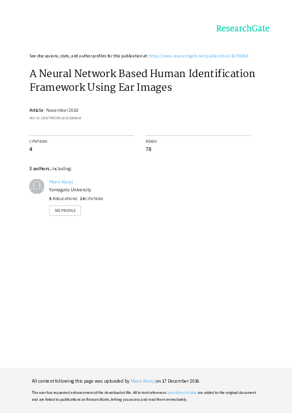 Pdf A Neural Network Based Human Identification Framework Using Ear