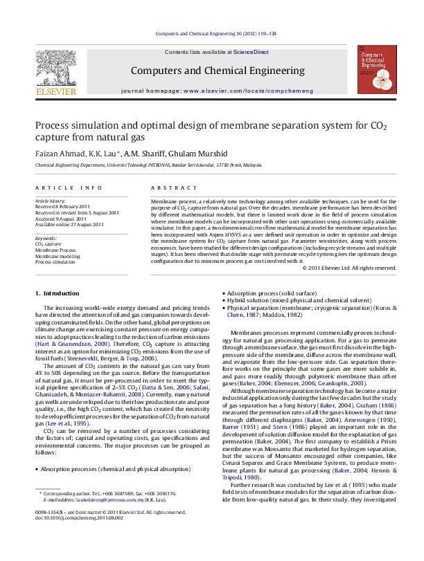 Pdf Process Simulation And Optimal Design Of Membrane Separation System For Co 2 Capture From