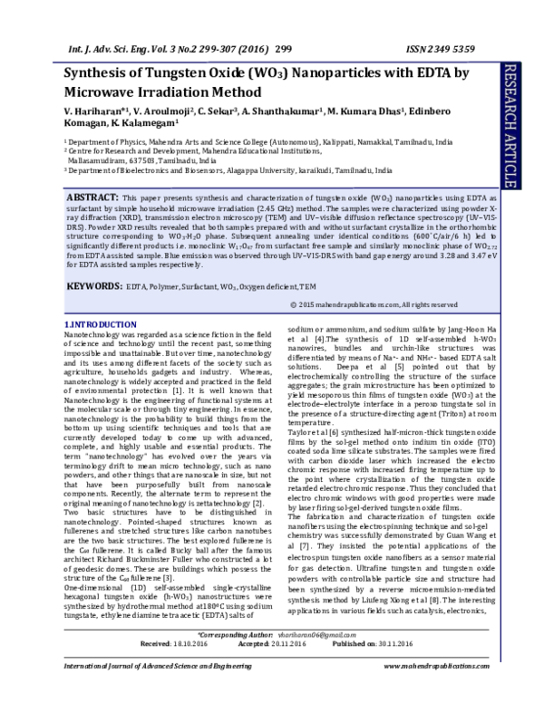 (PDF) Synthesis of Tungsten Oxide (WO3) Nanoparticles with EDTA by Microwave Irradiation Method