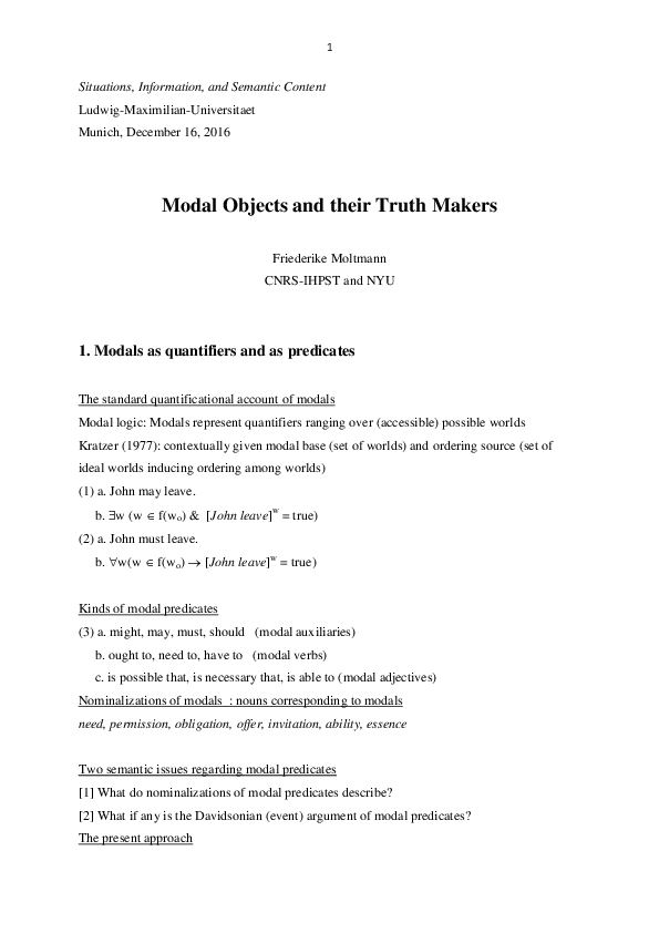 (PDF) Modal Objects and their Truth Makers (handout)