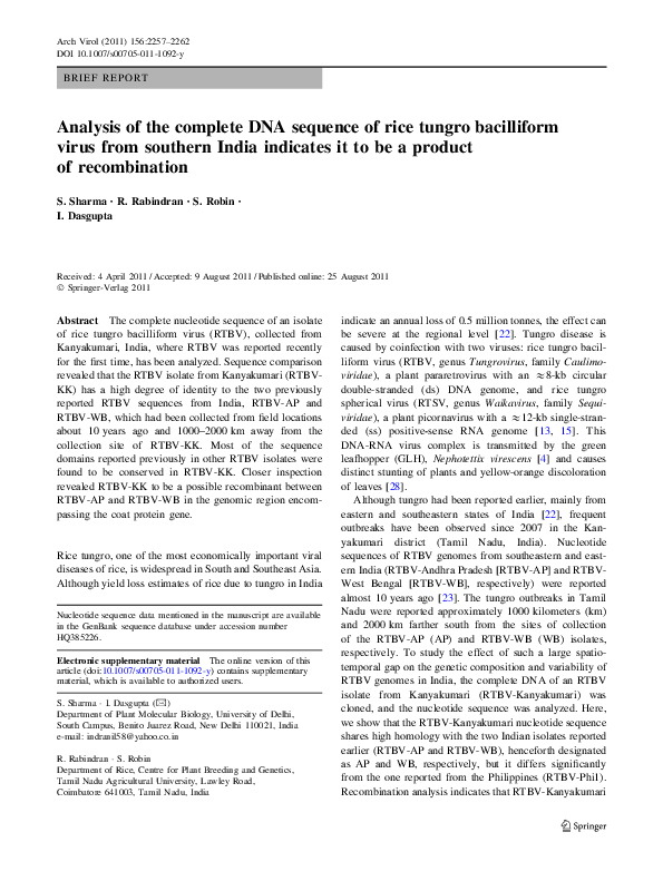 (PDF) Analysis of the complete DNA sequence of rice tungro bacilliform ...