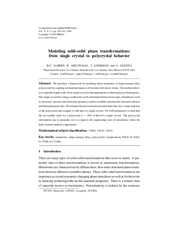 (PDF) Modeling solid-solid phase transformations: from single crystal to polycrystal behavior
