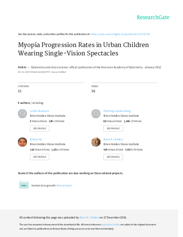 (PDF) Myopia progression rates in urban children wearing single-vision ...