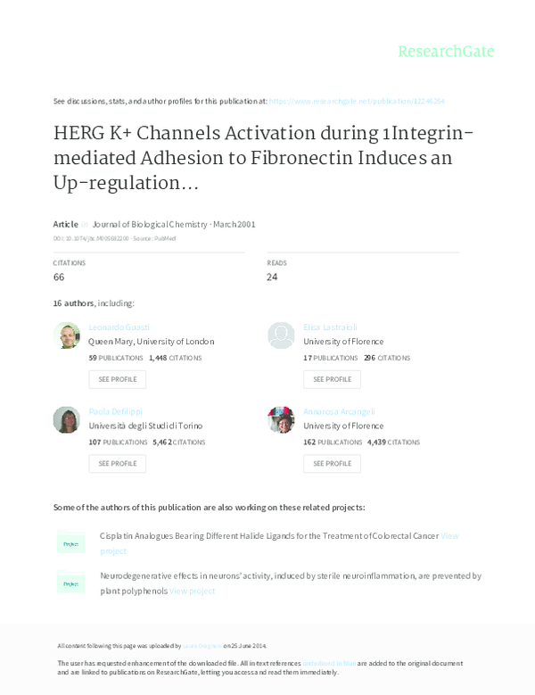 (PDF) HERG K+ Channels Activation during β1Integrin-mediated Adhesion to Fibronectin Induces an ...