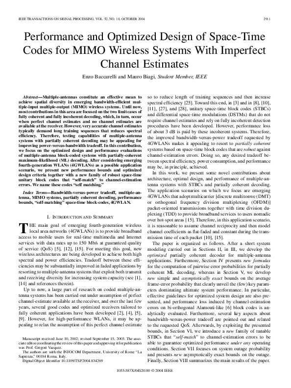 Pdf Performance And Optimized Design Of Space Time Codes For Mimo Wireless Systems With