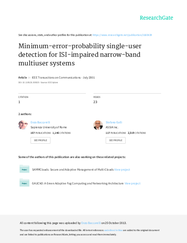 (PDF) Minimum-error-probability single-user detection for ISI-impaired narrow-band multiuser systems
