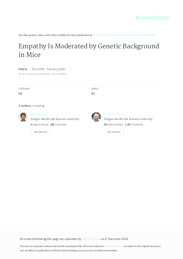 (PDF) Empathy is moderated by genetic background in mice