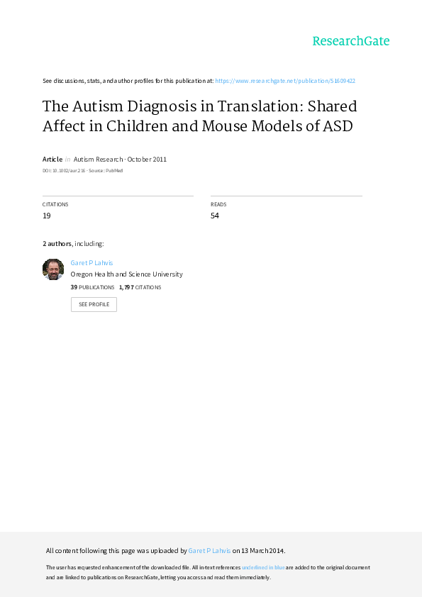 (PDF) The autism diagnosis in translation: shared affect in children ...