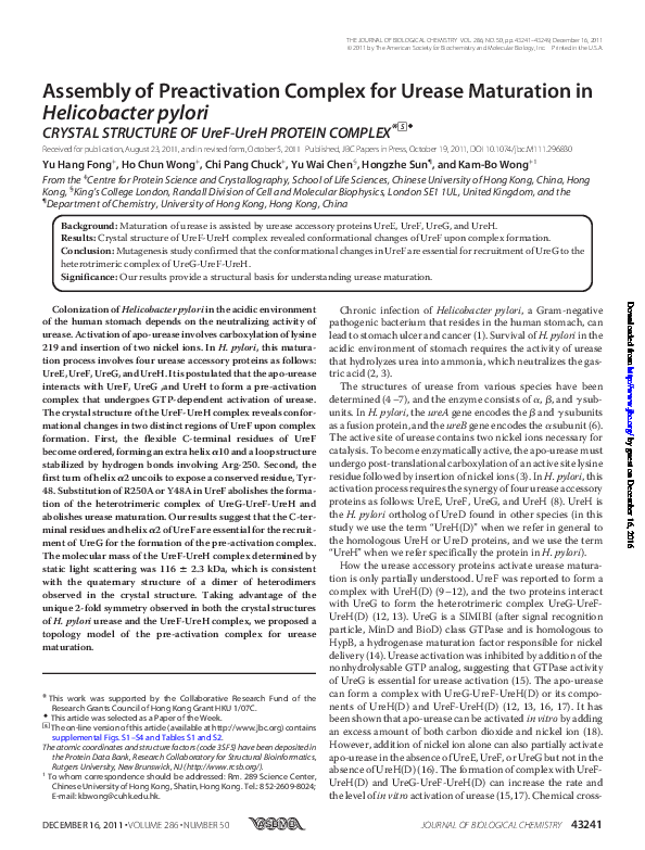 (PDF) Assembly of Preactivation Complex for Urease Maturation in ...