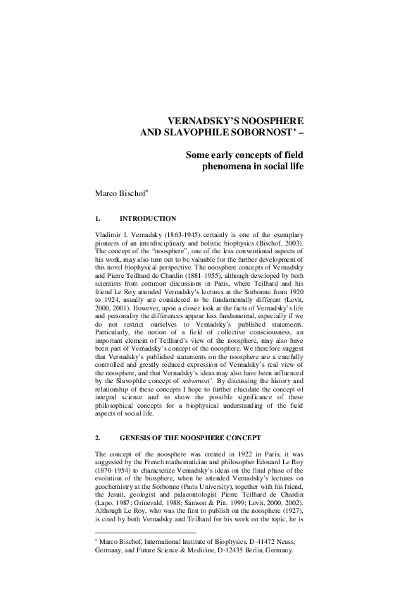(PDF) VERNADSKY'S NOOSPHERE AND SLAVOPHILE SOBORNOST' – Some early concepts of field phenomena ...