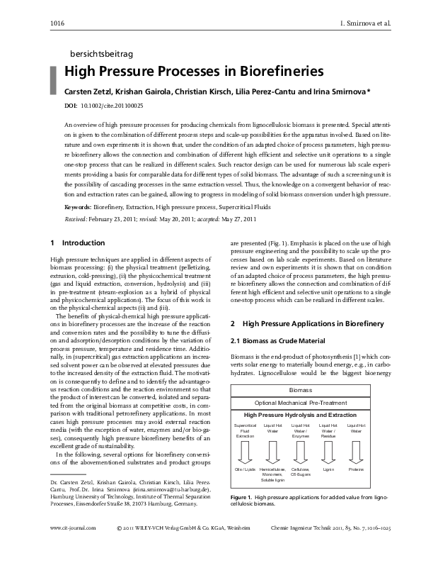 (PDF) High Pressure Processes in Biorefineries