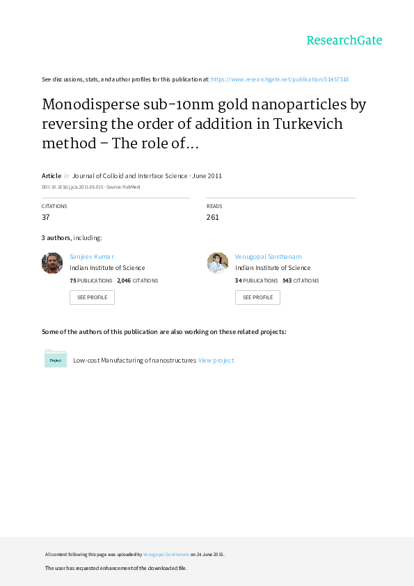 (PDF) Monodisperse sub-10 nm gold nanoparticles by reversing the order ...