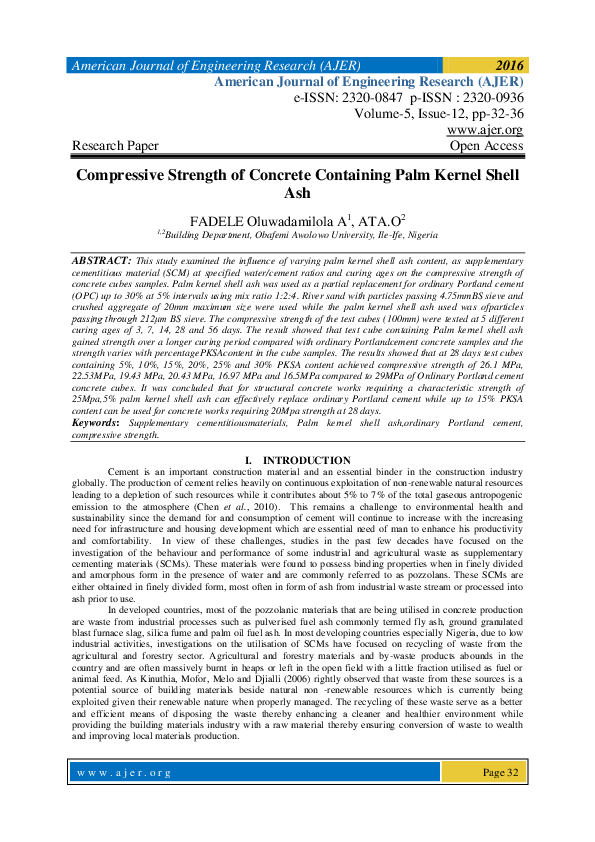 (PDF) Compressive Strength of Concrete Containing Palm Kernel Shell Ash