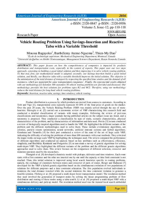 (PDF) Vehicle Routing Problem Using Savings-Insertion and Reactive Tabu with a Variable Threshold