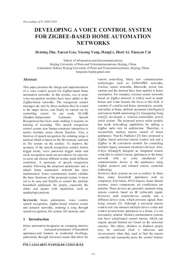 Pdf Developing A Voice Control System For Zigbee Based Home Automation Networks