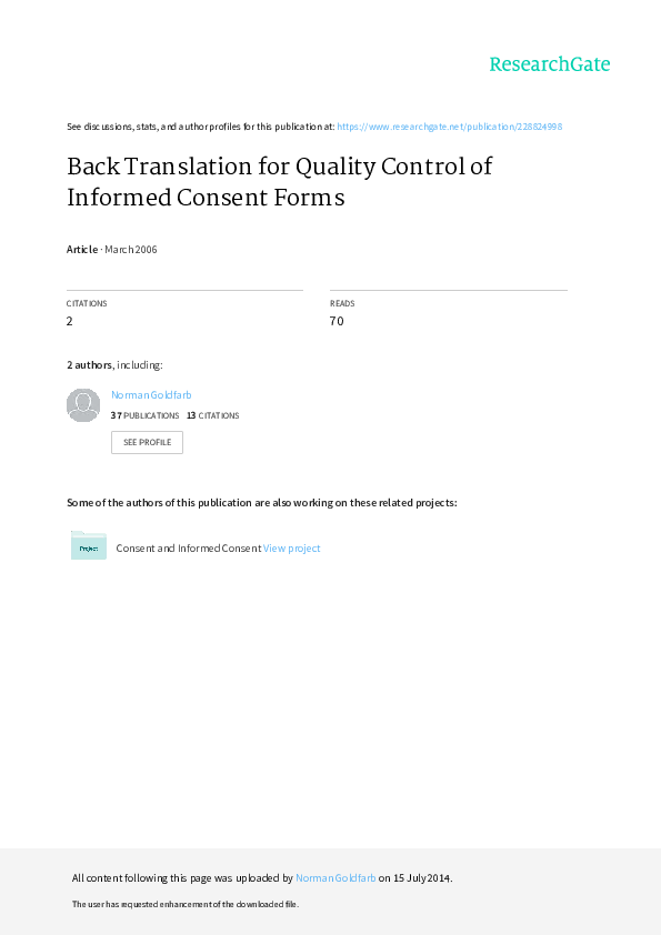 (PDF) Back Translation for Quality Control of Informed Consent Forms