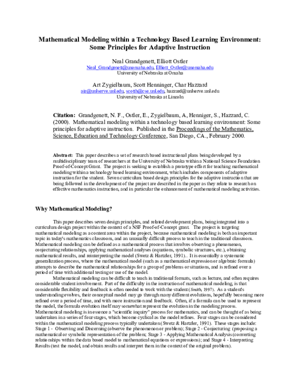 (PDF) Mathematical Modeling within a Technology Based Learning Environment: Some Principles for ...