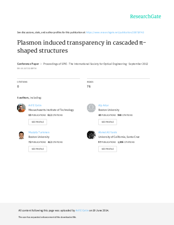 (PDF) Plasmon induced transparency in cascaded π-shaped metamaterials