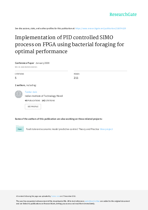 Pdf Implementation Of Pid Controlled Simo Process On Fpga Using Bacterial Foraging For Optimal
