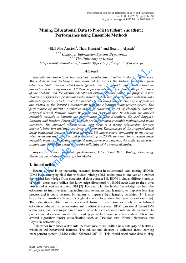 (PDF) Mining Educational Data to Predict Student's academic Performance using Ensemble Methods