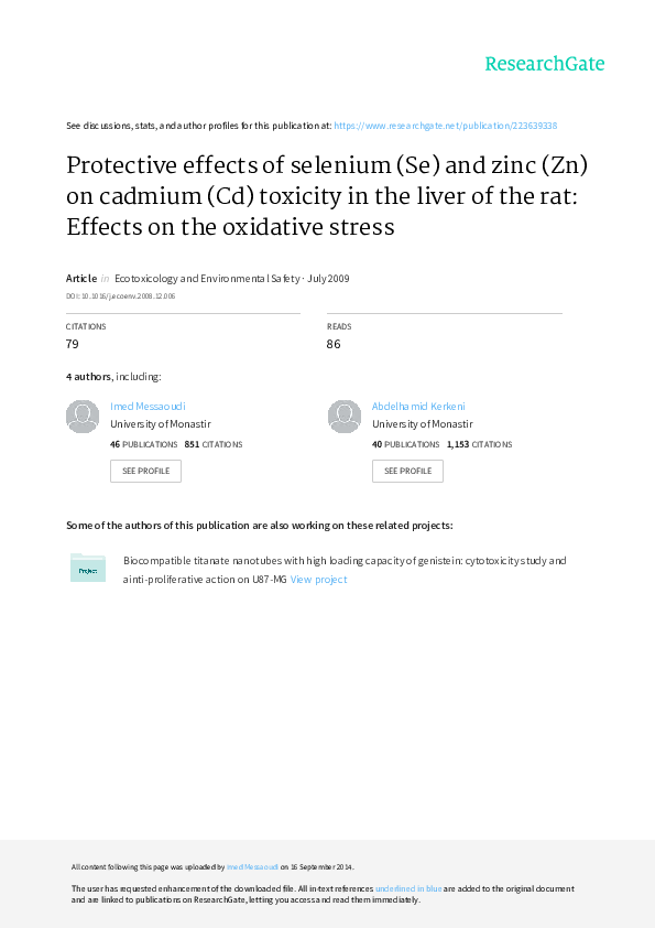 Pdf Protective Effects Of Selenium Se And Zinc Zn On Cadmium Cd