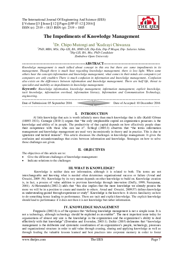 (PDF) The Impediments of Knowledge Management