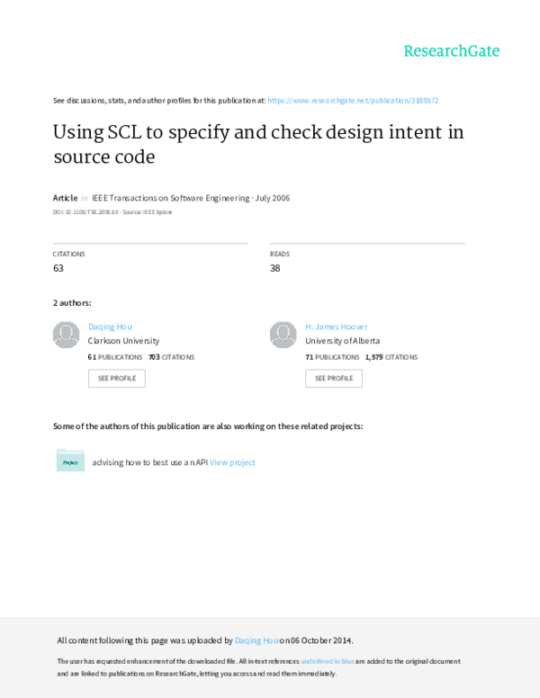 Pdf Using Scl To Specify And Check Design Intent In Source Code Daqing Hou
