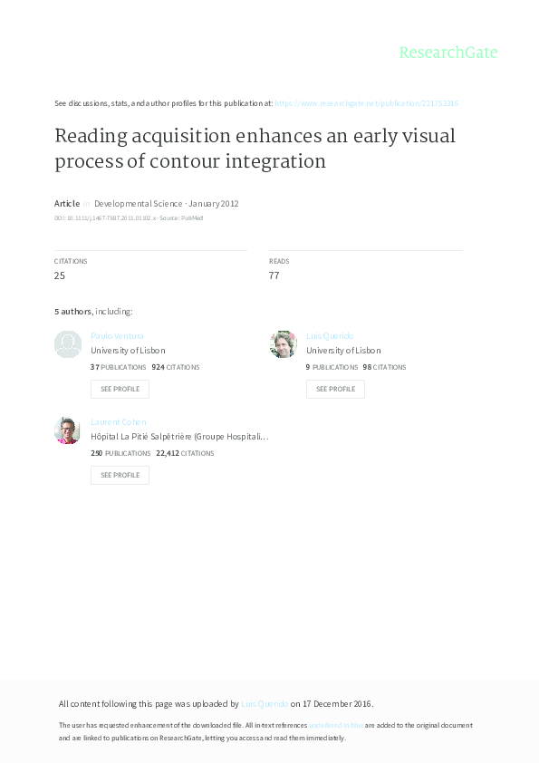 (PDF) Reading acquisition enhances an early visual process of contour integration