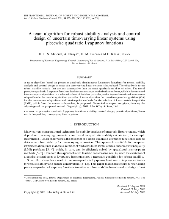 (PDF) A team algorithm for robust stability analysis and control design of uncertain time ...