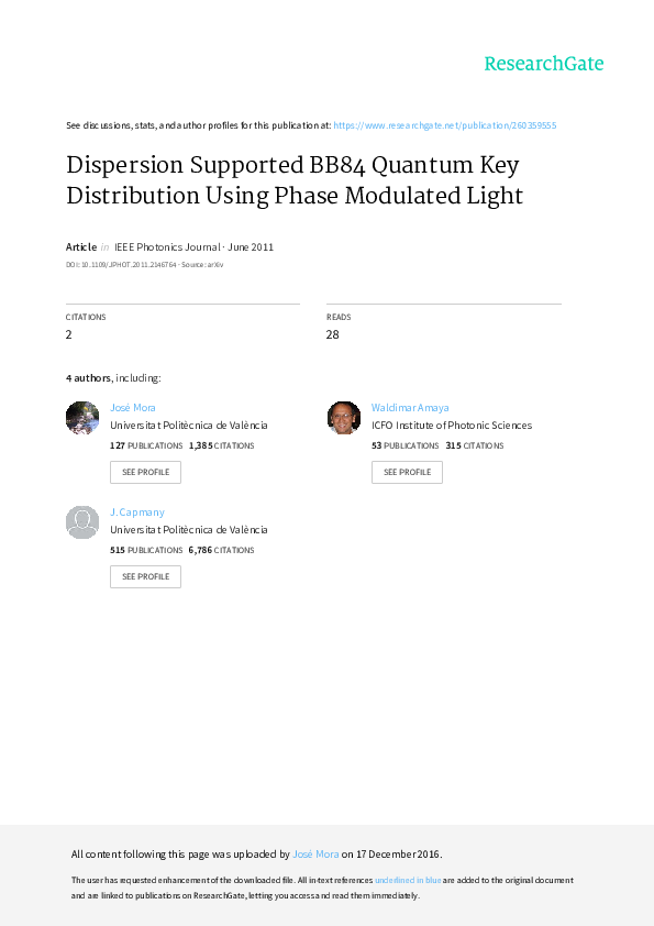 (PDF) Dispersion Supported BB84 Quantum Key Distribution Using Phase ...