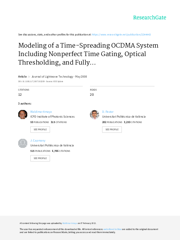 (PDF) Modeling of a Time-Spreading OCDMA System Including Nonperfect Time Gating, Optical ...