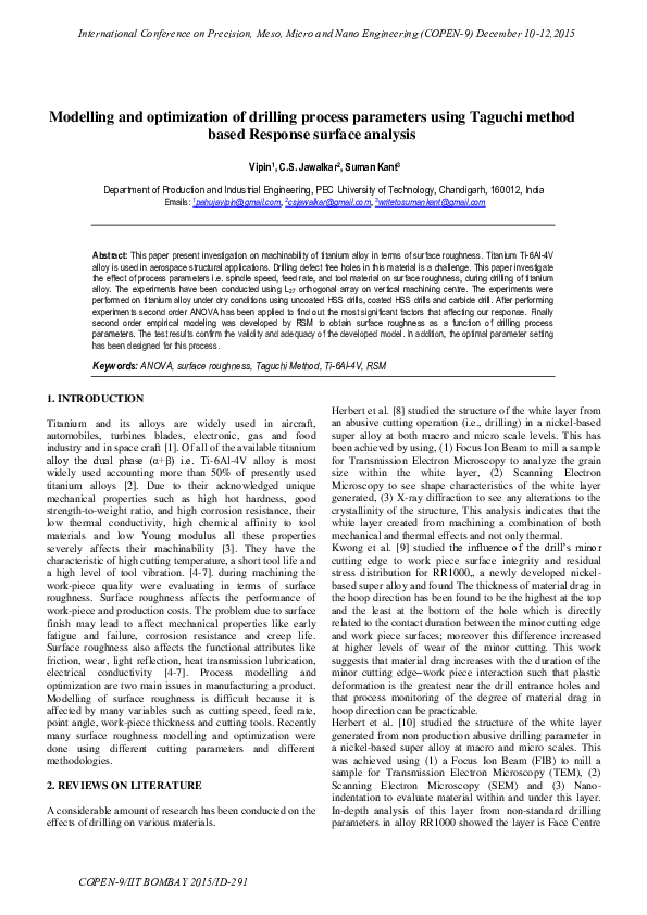 Pdf Modelling And Optimization Of Drilling Process Parameters Using Taguchi Method Based