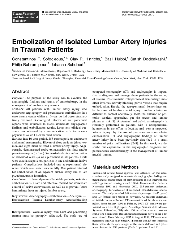 (PDF) Embolization of Isolated Lumbar Artery Injuries in Trauma Patients