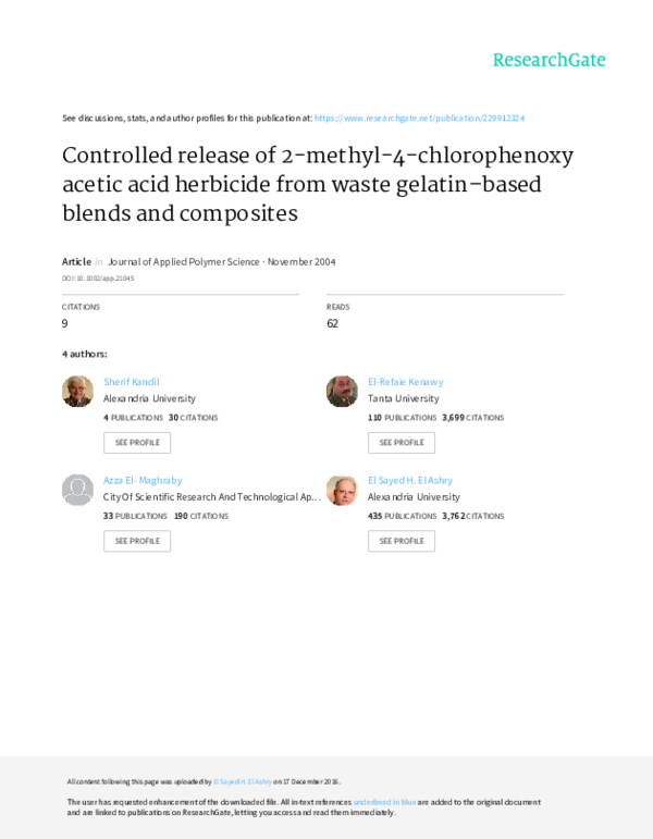 (PDF) Controlled release of 2-methyl-4-chlorophenoxy acetic acid herbicide from waste gelatin ...